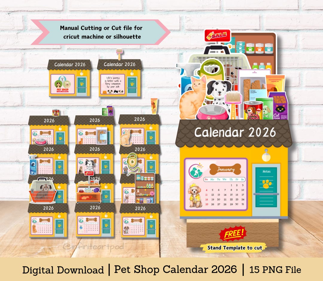 2026 Pet Shop Desk Calendar Cut File: DIY Animal Lover Gift (PNG) - Etsy
