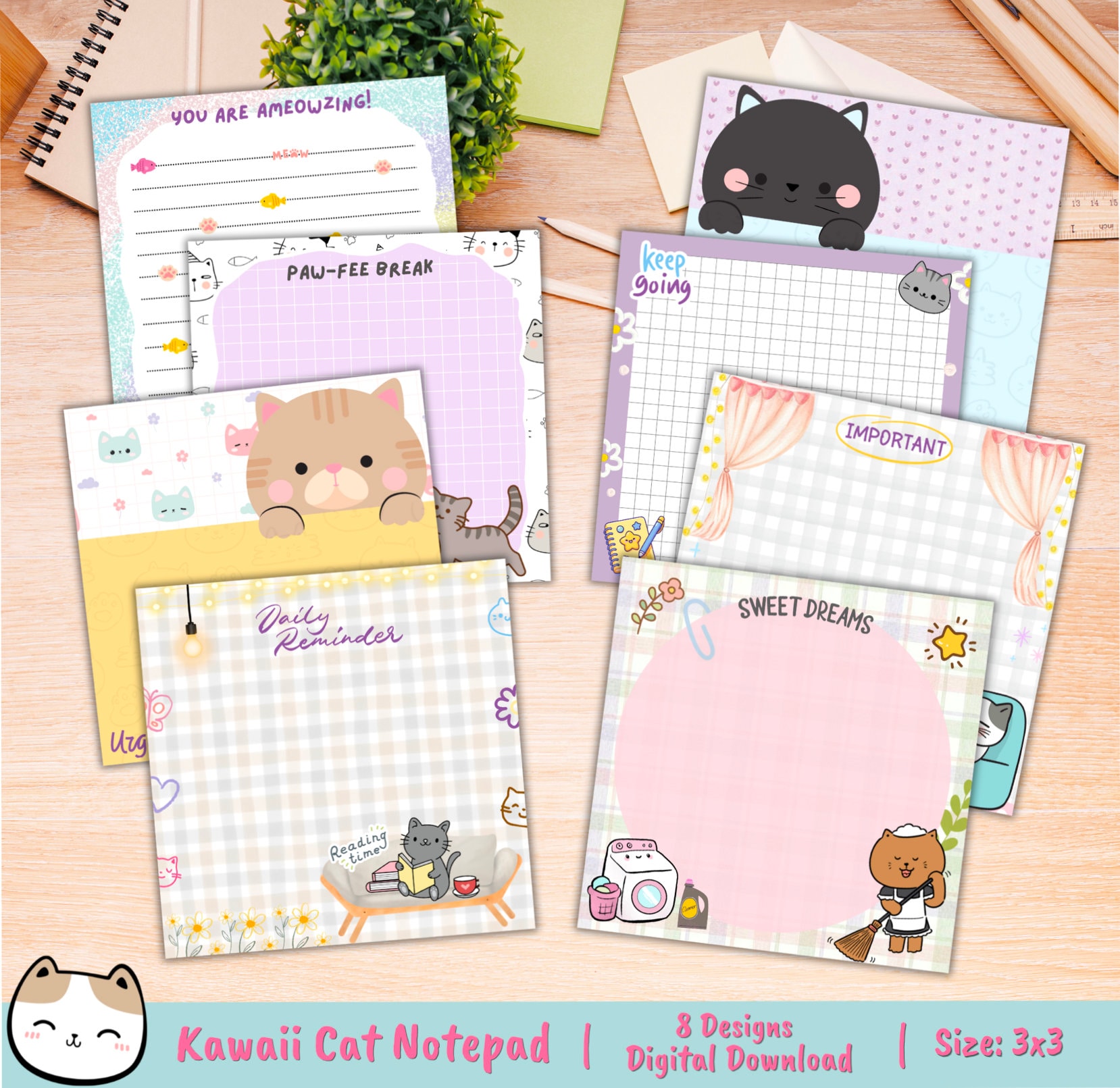 Kawaii Cat Notepad, Cat Memo Sheet, Cat Notepad Template, Printable Notepad, Cat Memopad, Kawaii ...