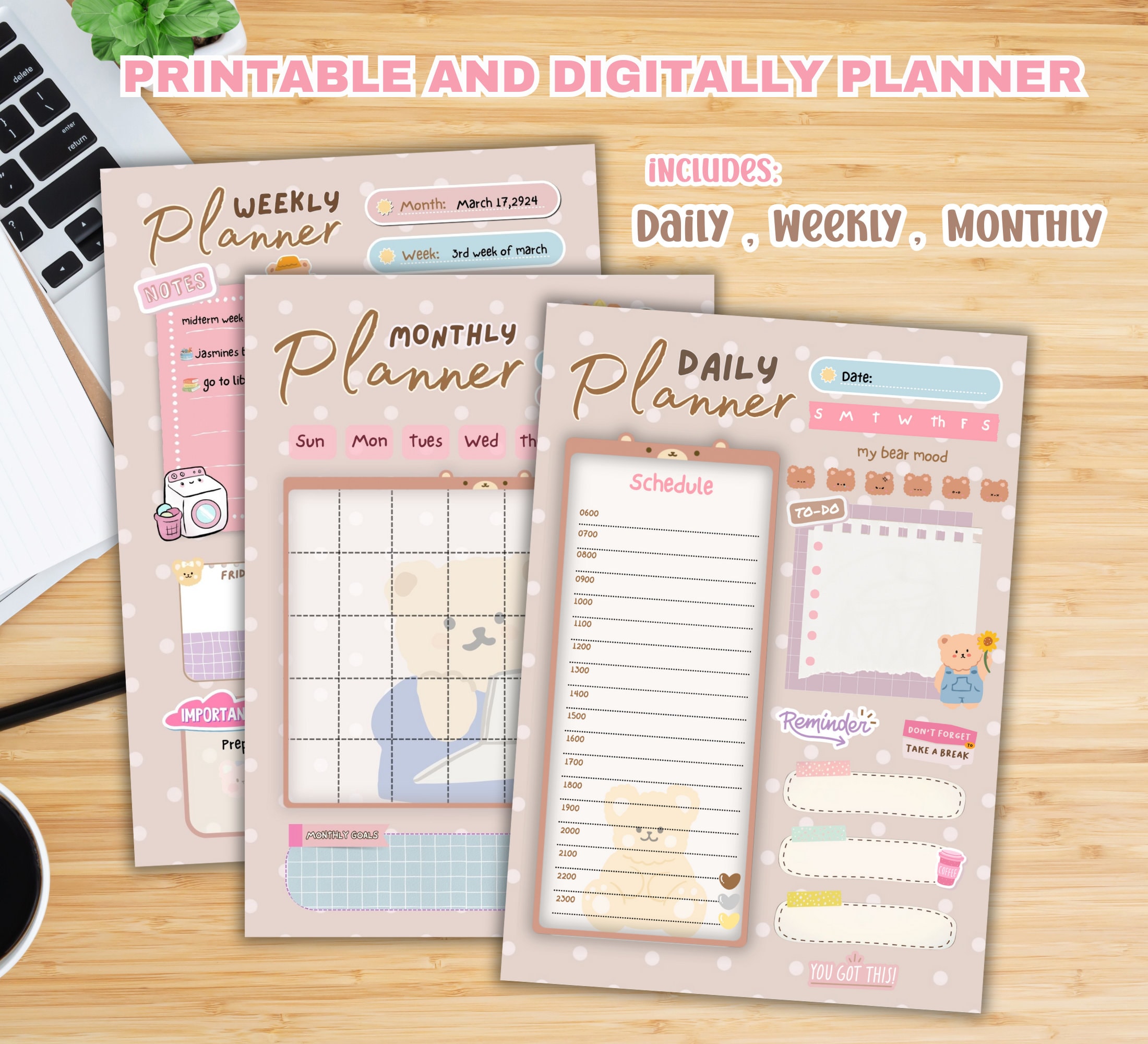 Cute Bear Printable Planner, Bear Planner, Daily Planner, Weekly ...