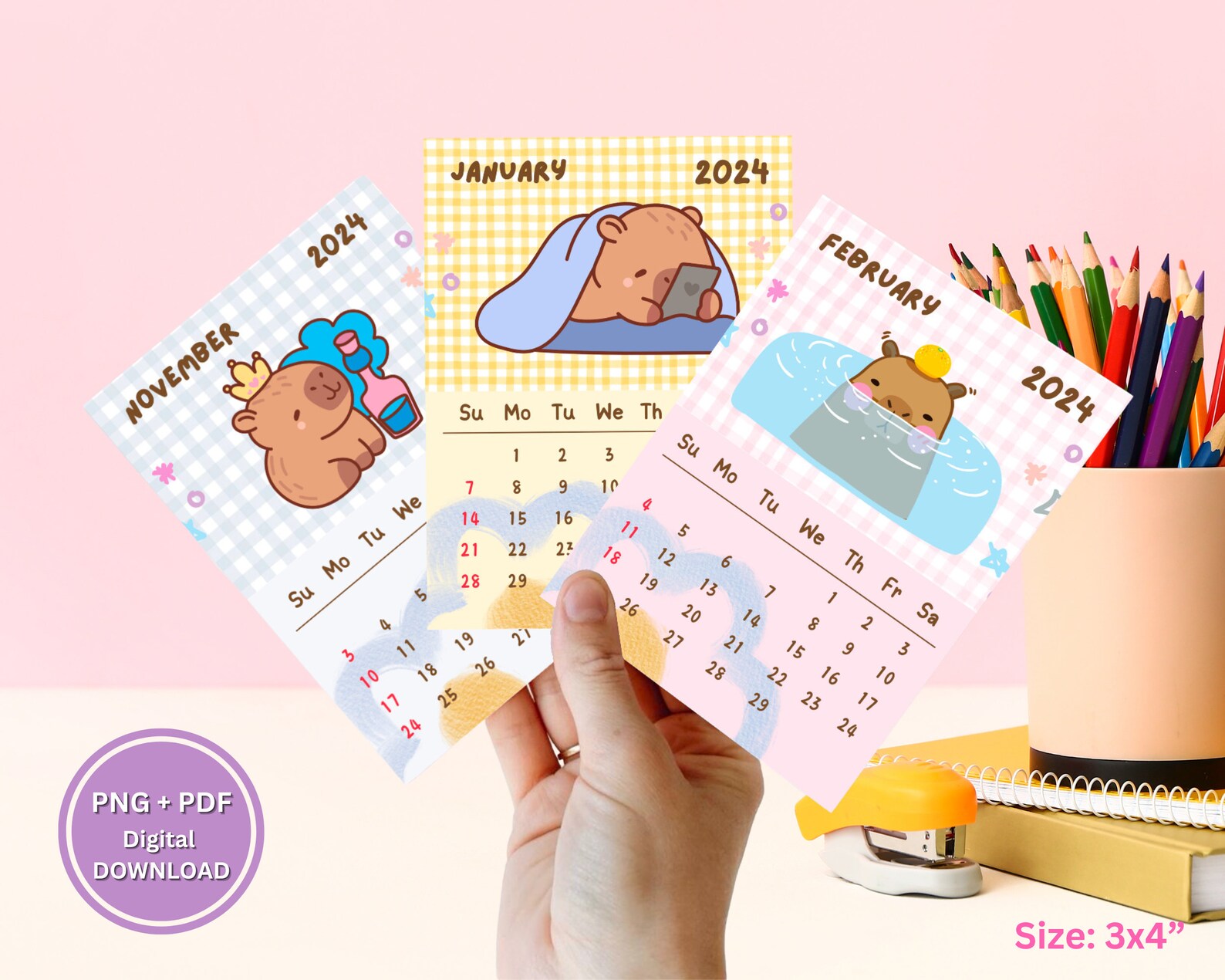 Capybara Calendar 2024, Capybara Calendar, Mini Desk Calendar, Calendar 2024, Calendar Template ...