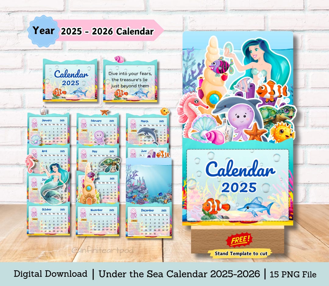 Under the Sea Desk Calendar 2025: Ocean Creatures PNG Cut File (digital ...