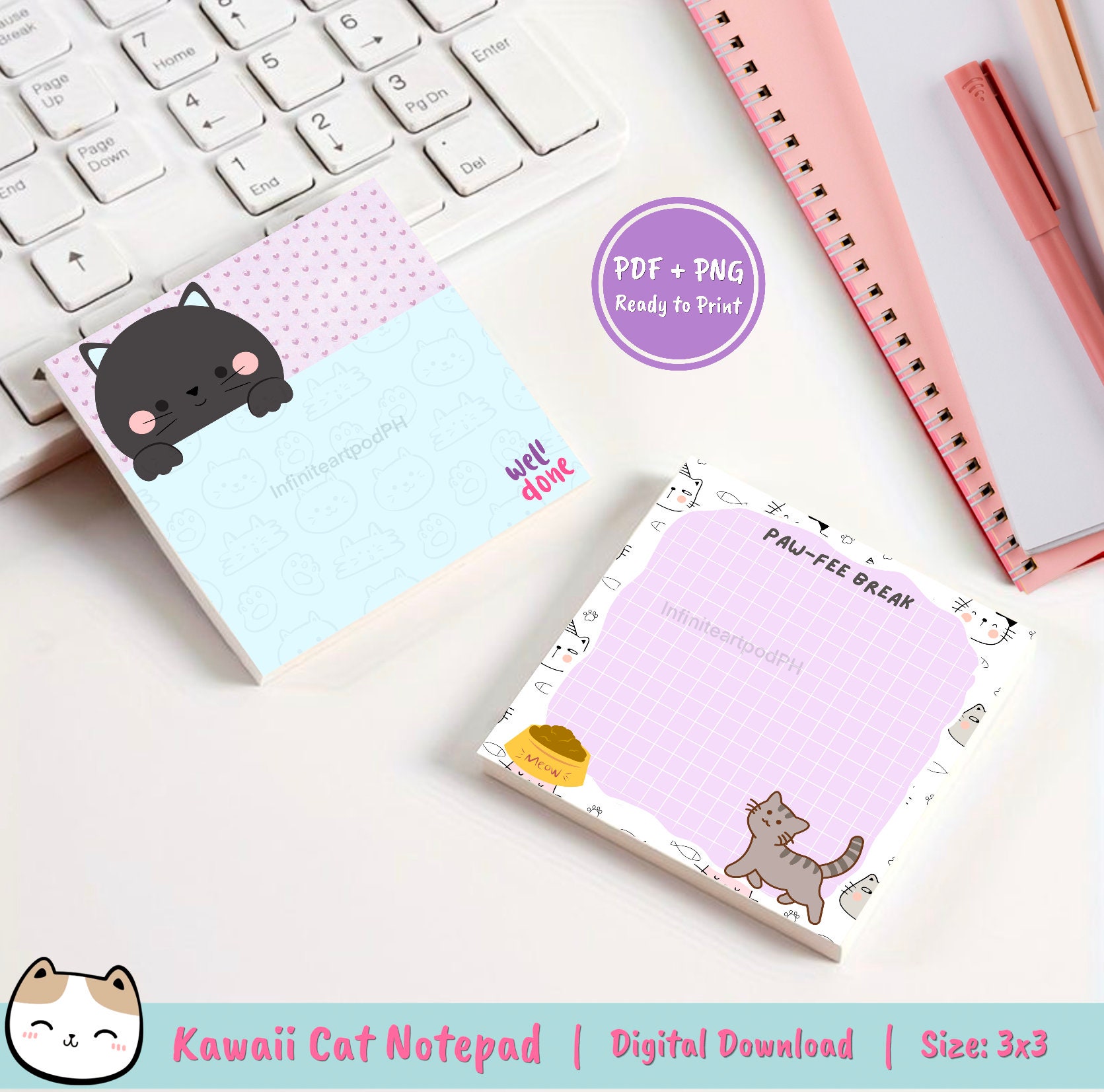 Kawaii Cat Notepad, Cat Memo Sheet, Cat Notepad Template, Printable ...