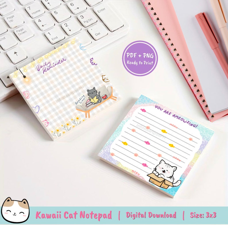 Kawaii Cat Notepad, Cat Memo Sheet, Cat Notepad Template, Printable Notepad, Cat Memopad, Kawaii ...