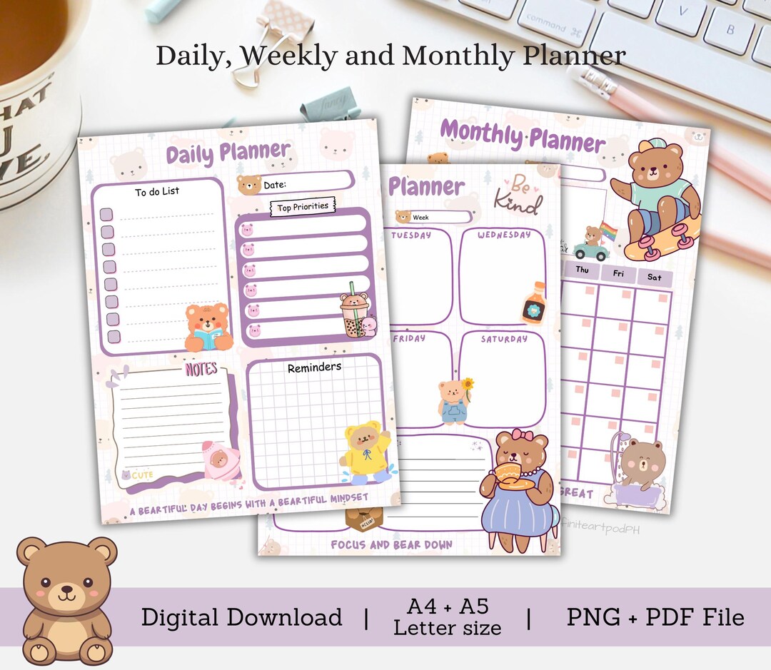 Bear Daily Planner, Bear Monthly Planner, Bear Weekly Planner, Bear ...