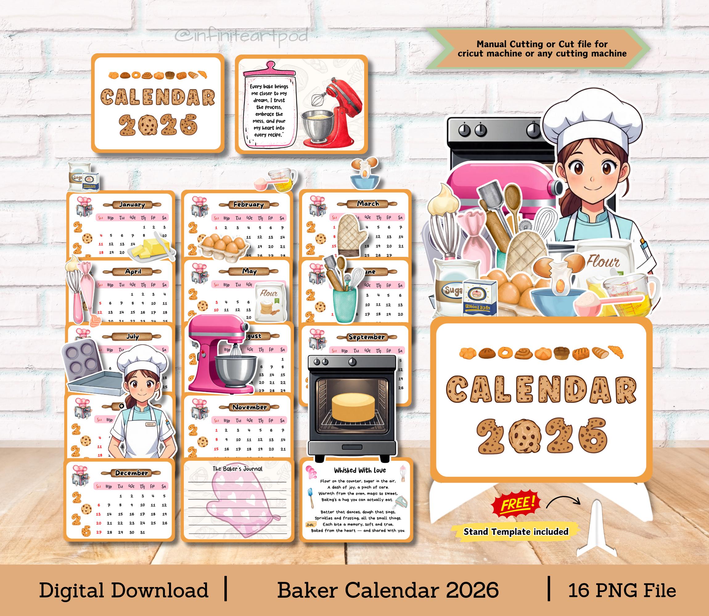 Baker Desk Calendar 2026: Baking Illustration PNG Cut File (cricut ...
