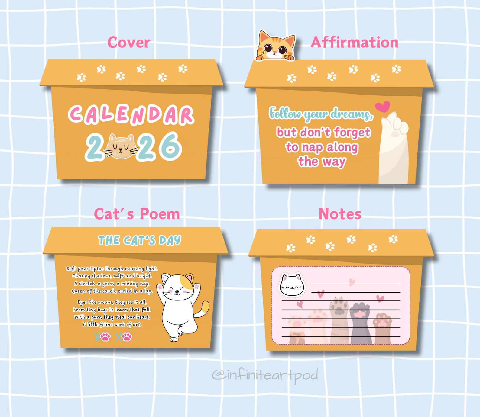 Cat Calendar, Kawaii Cat Calendar, Cat in Box Calendar, Desk Calendar ...