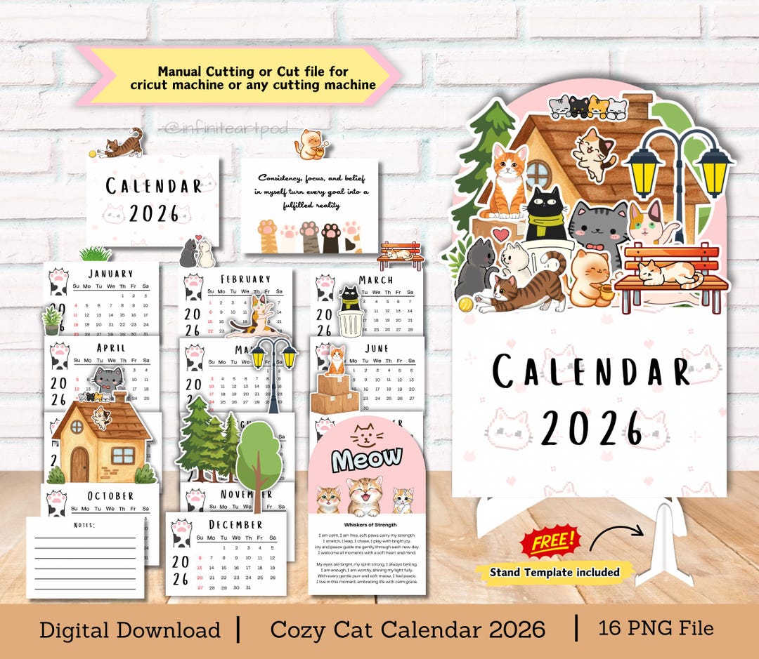Cozy Cat Calendar 2026, Desk Decor, Instant Download, Cutfile for ...