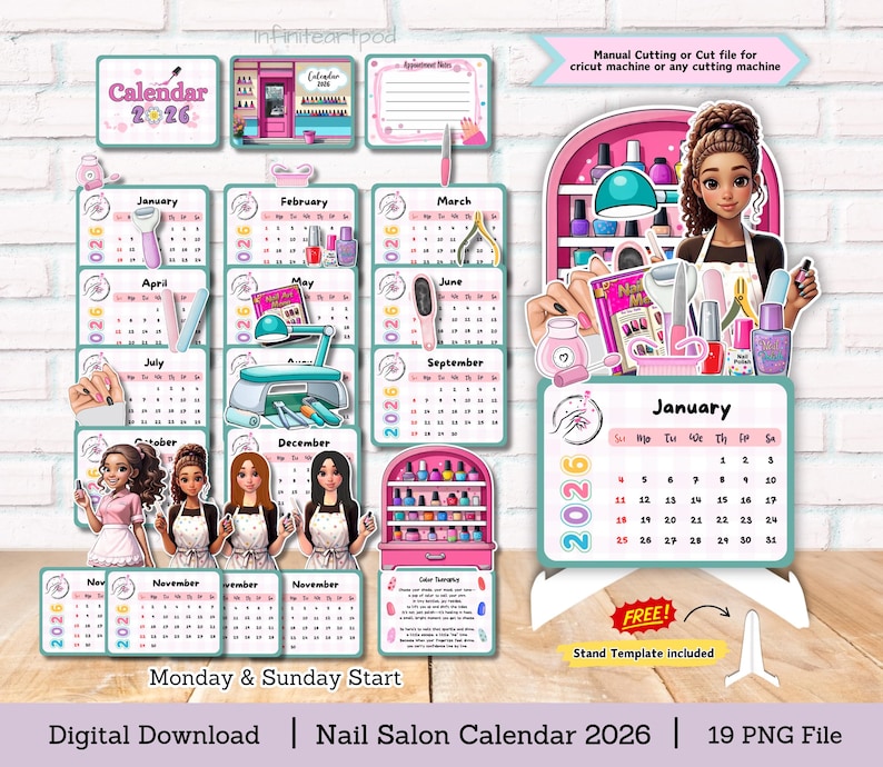 Nail Salon Calendar 2026, Desk Calendar, Beauty Salon Calendar, Png Cut ...