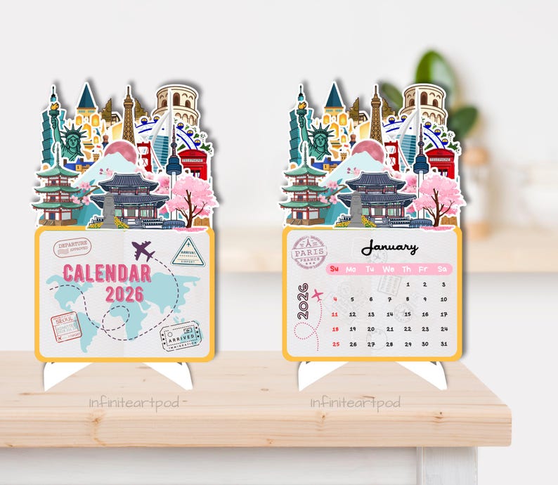 Travel Calendar 2026, Adventure Desk Calendar, PNG Cutfile, World ...