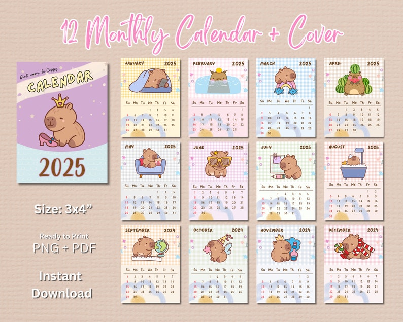 Capybara Calendar 2024, Capybara Calendar, Mini Desk Calendar, Calendar 2024, Calendar Template ...