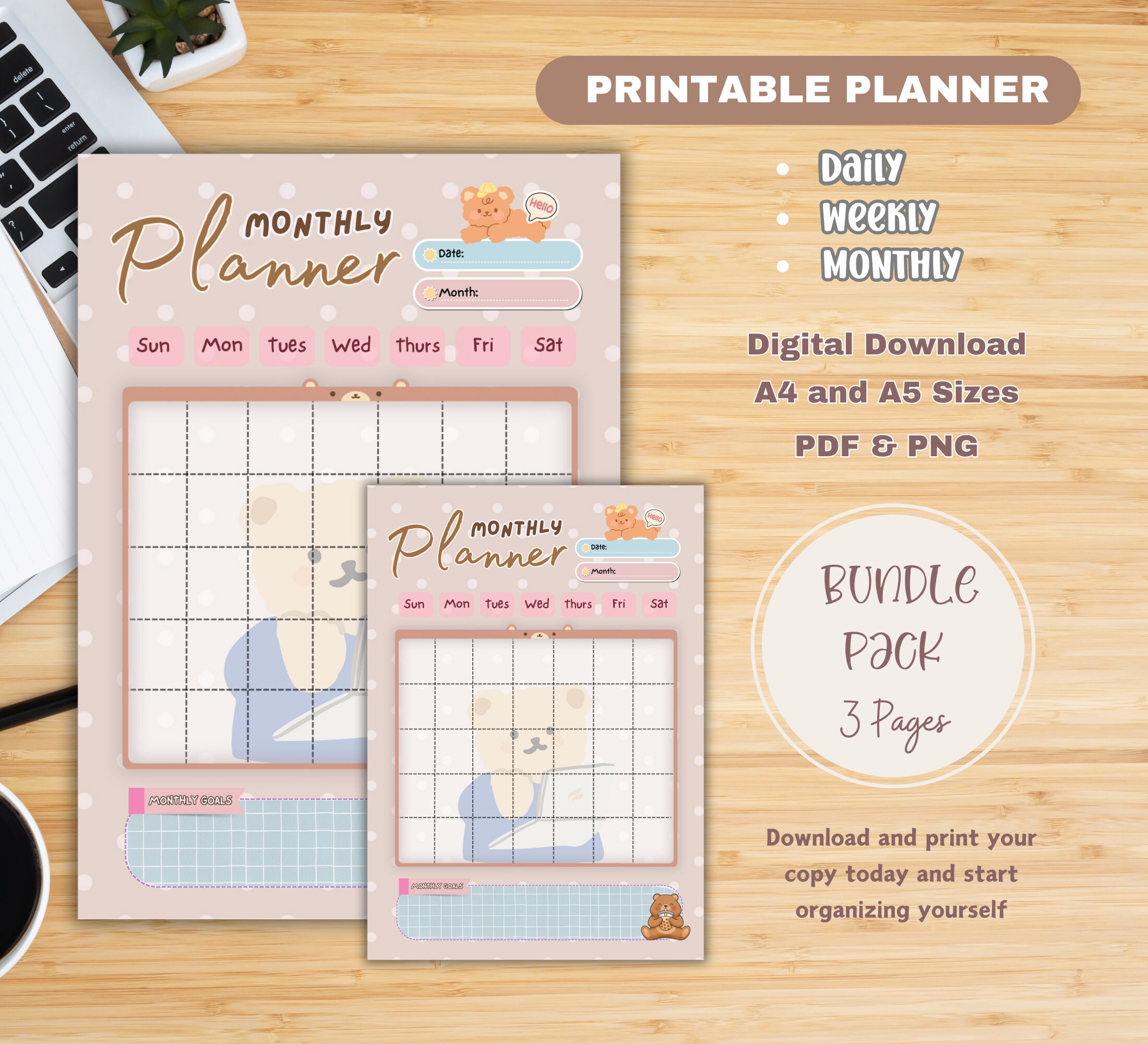 Cute Bear Printable Planner, Bear Planner, Daily Planner, Weekly ...