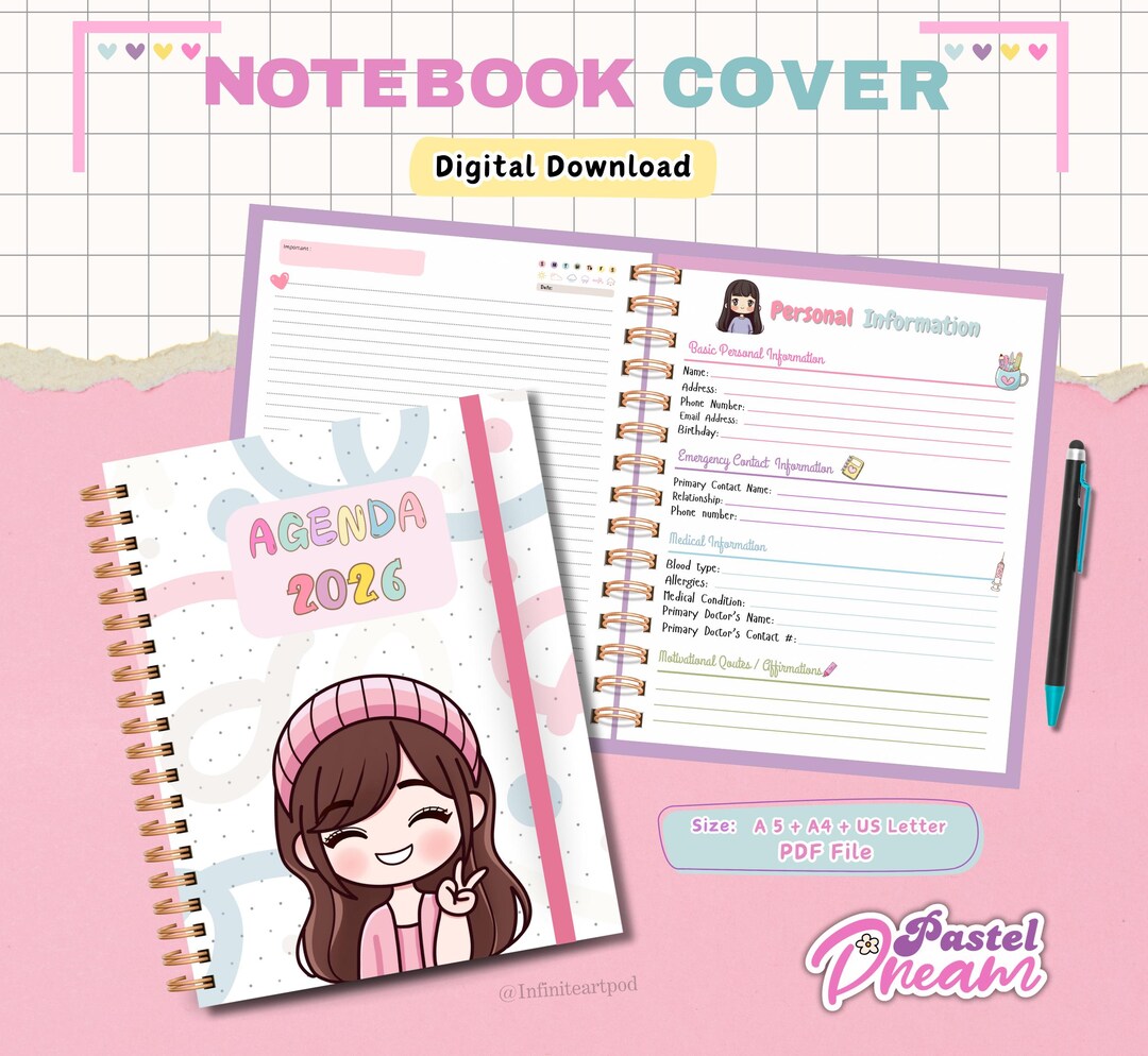 Girl Notebook Cover, Planner Cover 2026, Agenda 2026, Printable ...