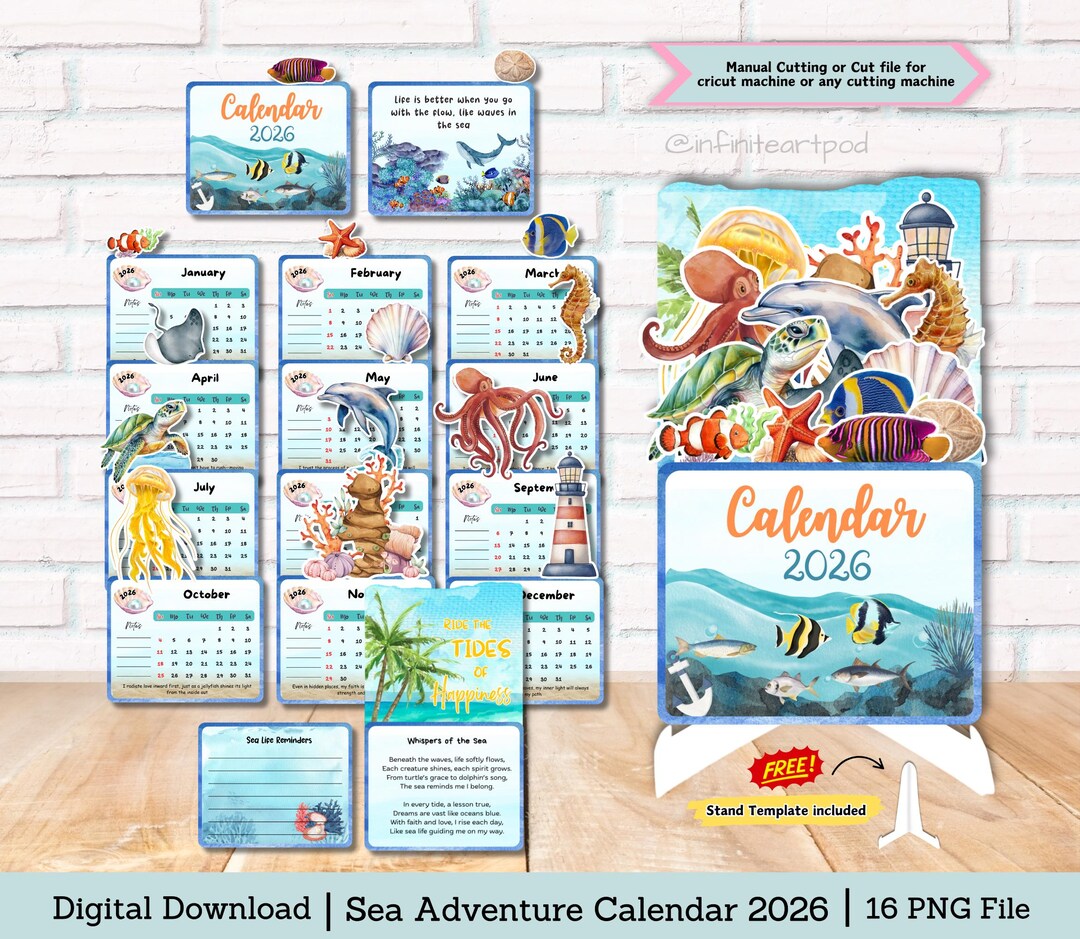 Sea Adventure Desk Calendar 2026, Sea Life Theme, Underwater Calendar ...