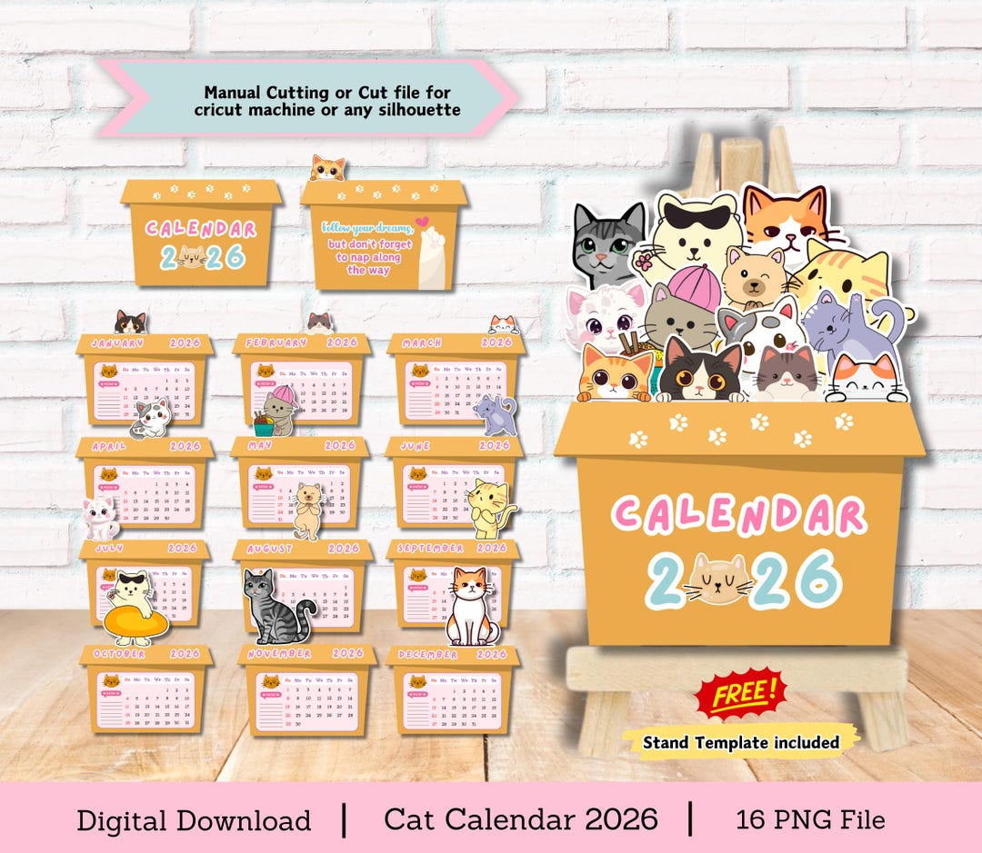 Cat Calendar, Kawaii Cat Calendar, Cat in Box Calendar, Desk Calendar ...