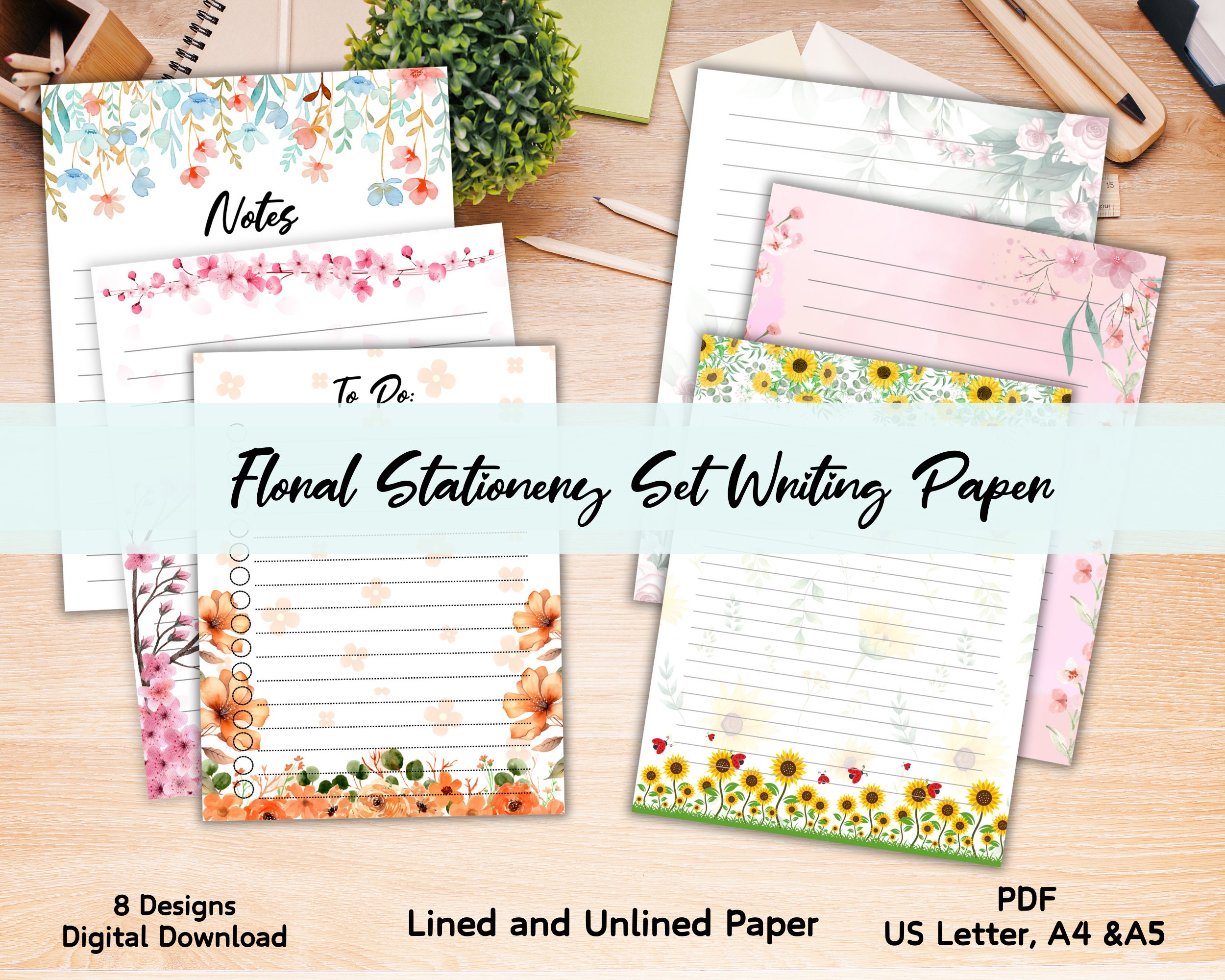 Floral Prints Writing Paper, Flower Stationery Paper, Floral Printable ...