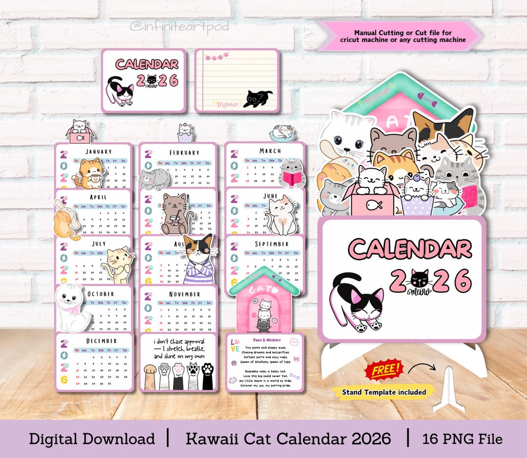Kawaii Cat Calendar 2026, Desk Calendar, Calendar 2026, Cat Calendar ...
