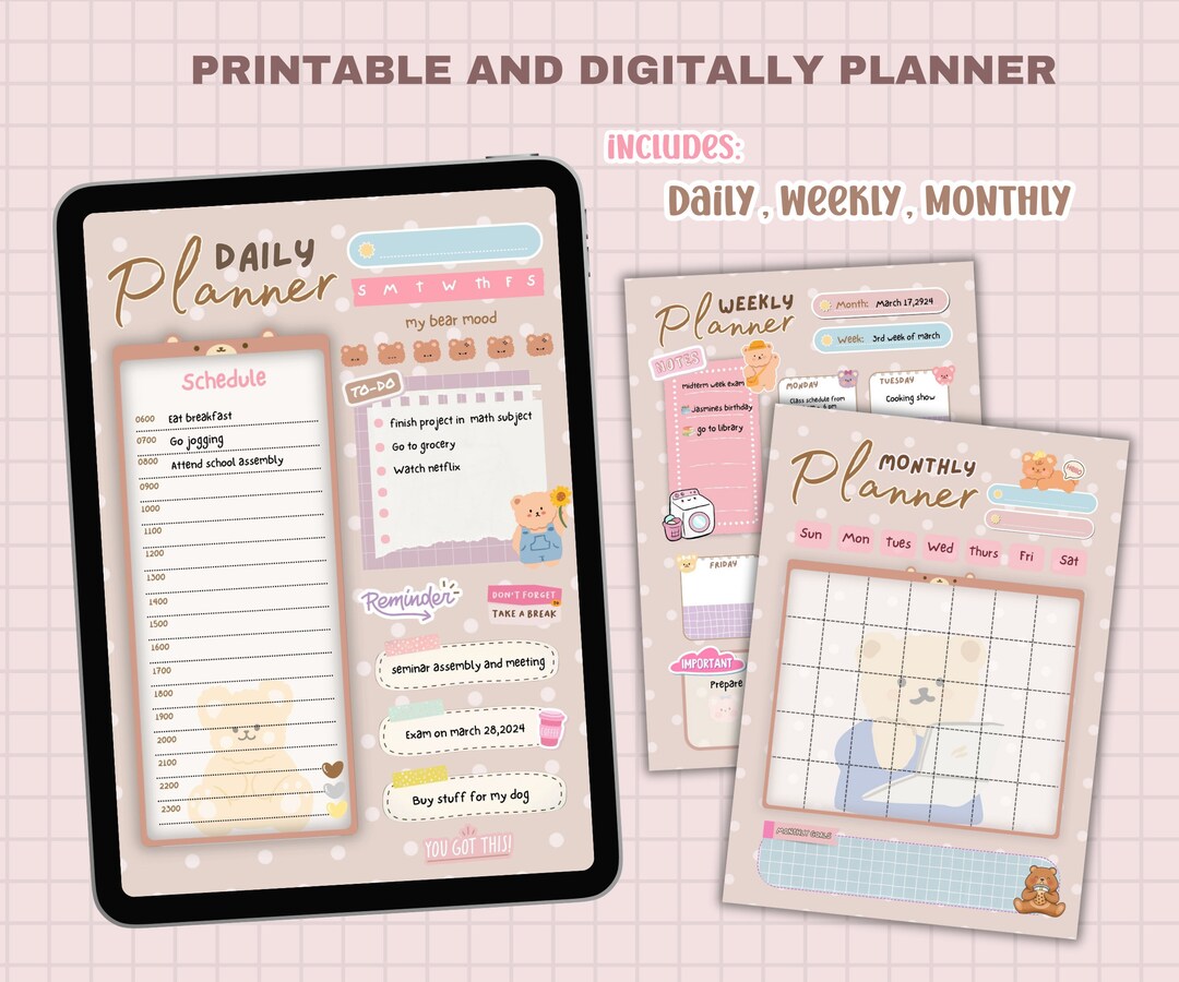 Cute Bear Printable Planner, Bear Planner, Daily Bear Planner, Weekly ...