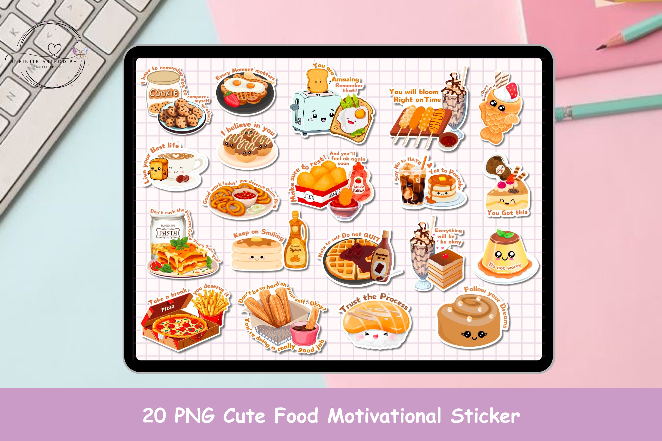 Cute Food Motivational Stickers, Cute Food Digital Stickers, Food ...
