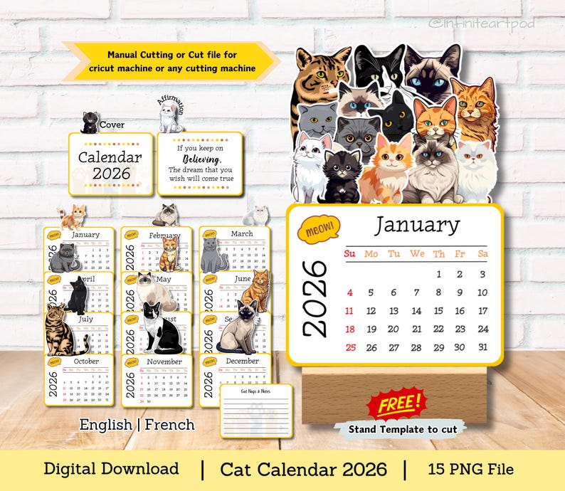 Calendario de gatos 2026: archivo PNG de corte (descarga digital ...