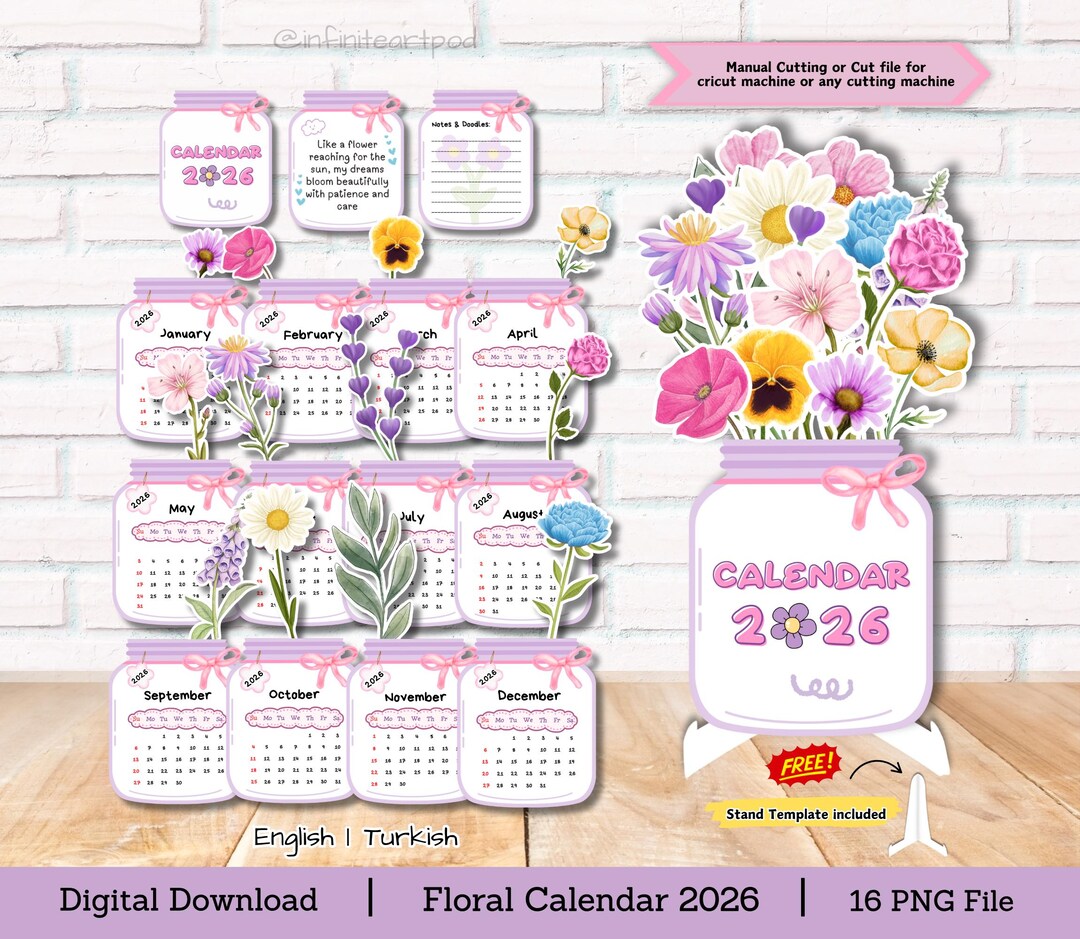 Floral Desk Calendar 2026, Flower Calendar, Calendar 2026, Cut File for ...