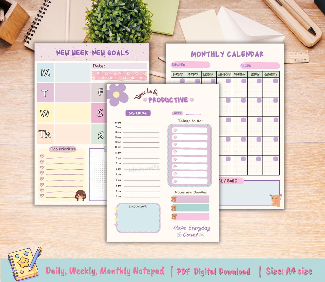 Cute Notepad, Daily Planner, Monthly Planner, Weekly Planner, Printable ...