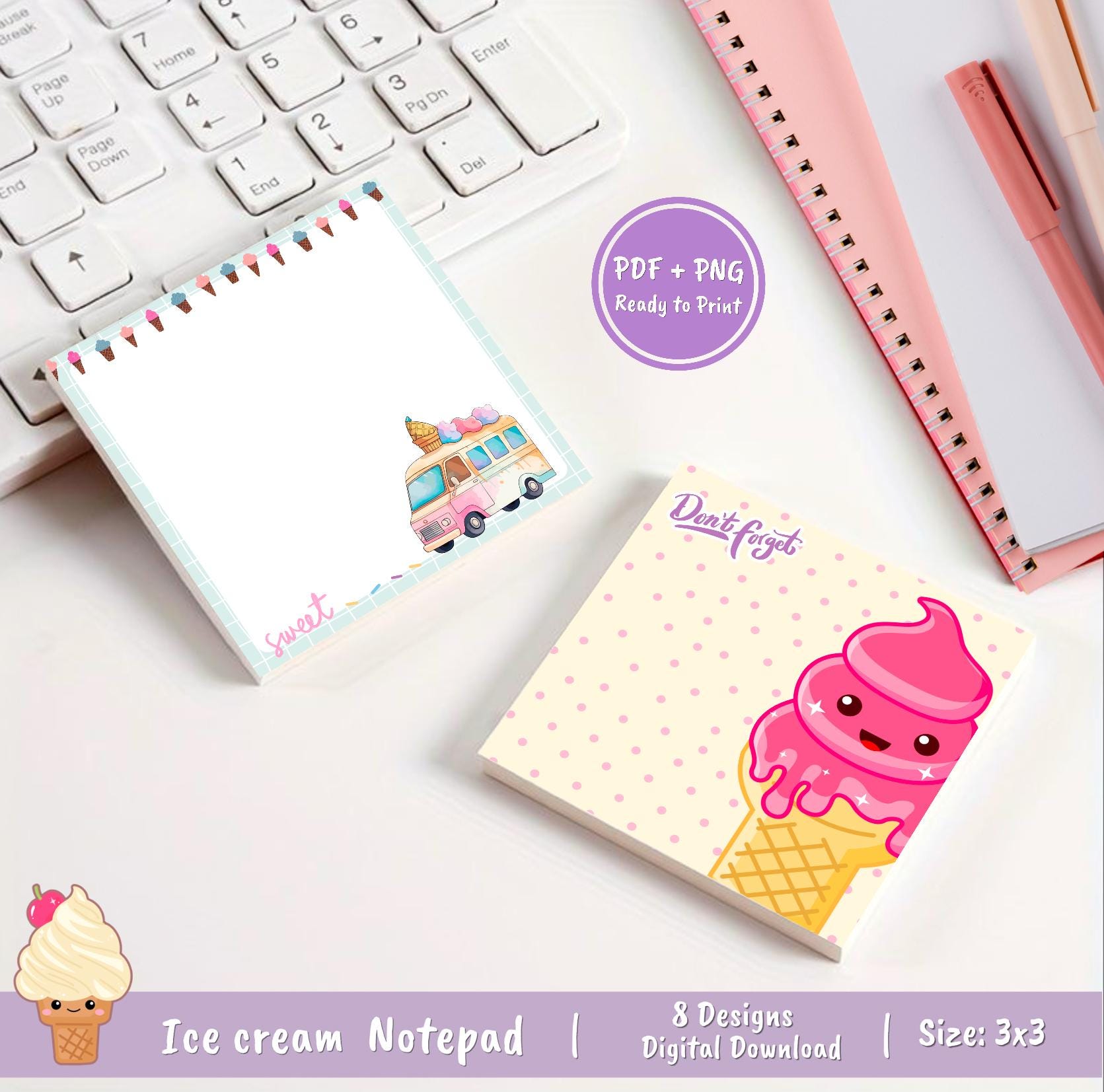 Ice Cream Notepad, Kawaii Notepad, Notepad Template, Memopad, to Do ...
