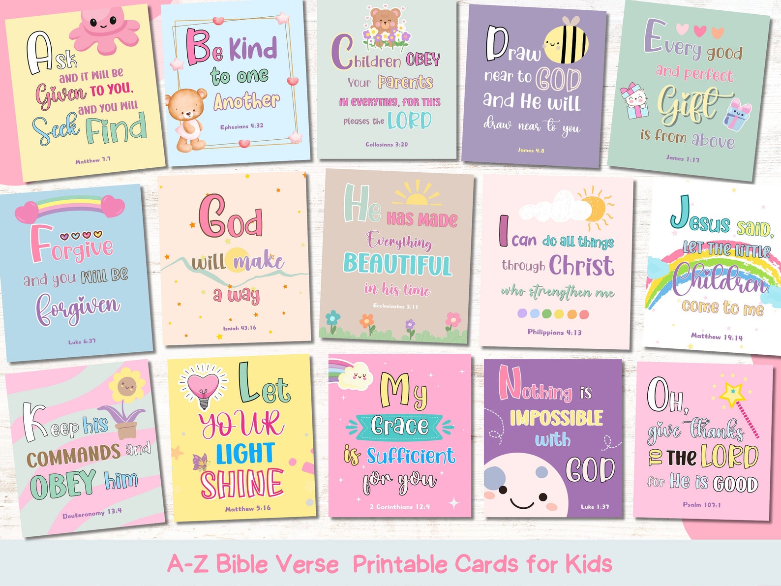 Cute ABC Bible Verse Card for Kids, A-Z Bible Verse Card, Bible Verse ...