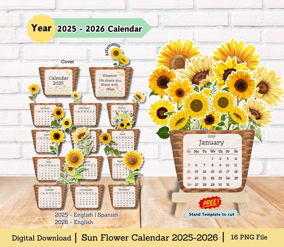 Sunflower Calendar 2025, Desk Calendar, Flower Calendar, Calendar 2025 ...