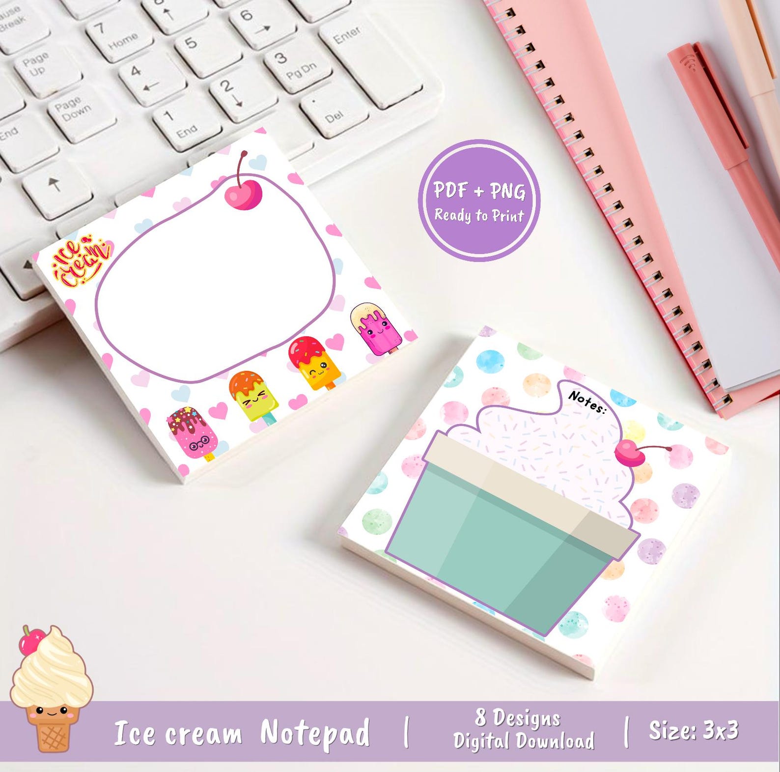 Ice Cream Notepad, Kawaii Notepad, Notepad Template, Memopad, to Do ...