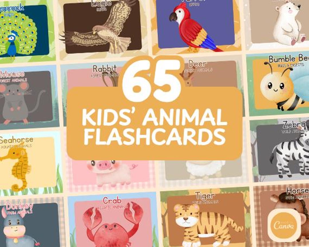 Animal Flashcards for Kids Canva | 65 Printable Educational Flash Cards ...
