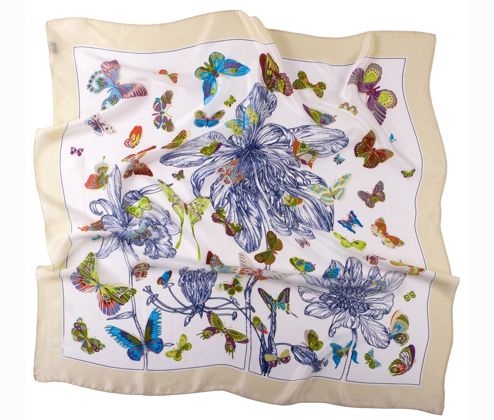 Women White Silk Square Scarf With Butterflies Pattern, Women's Scarf ...