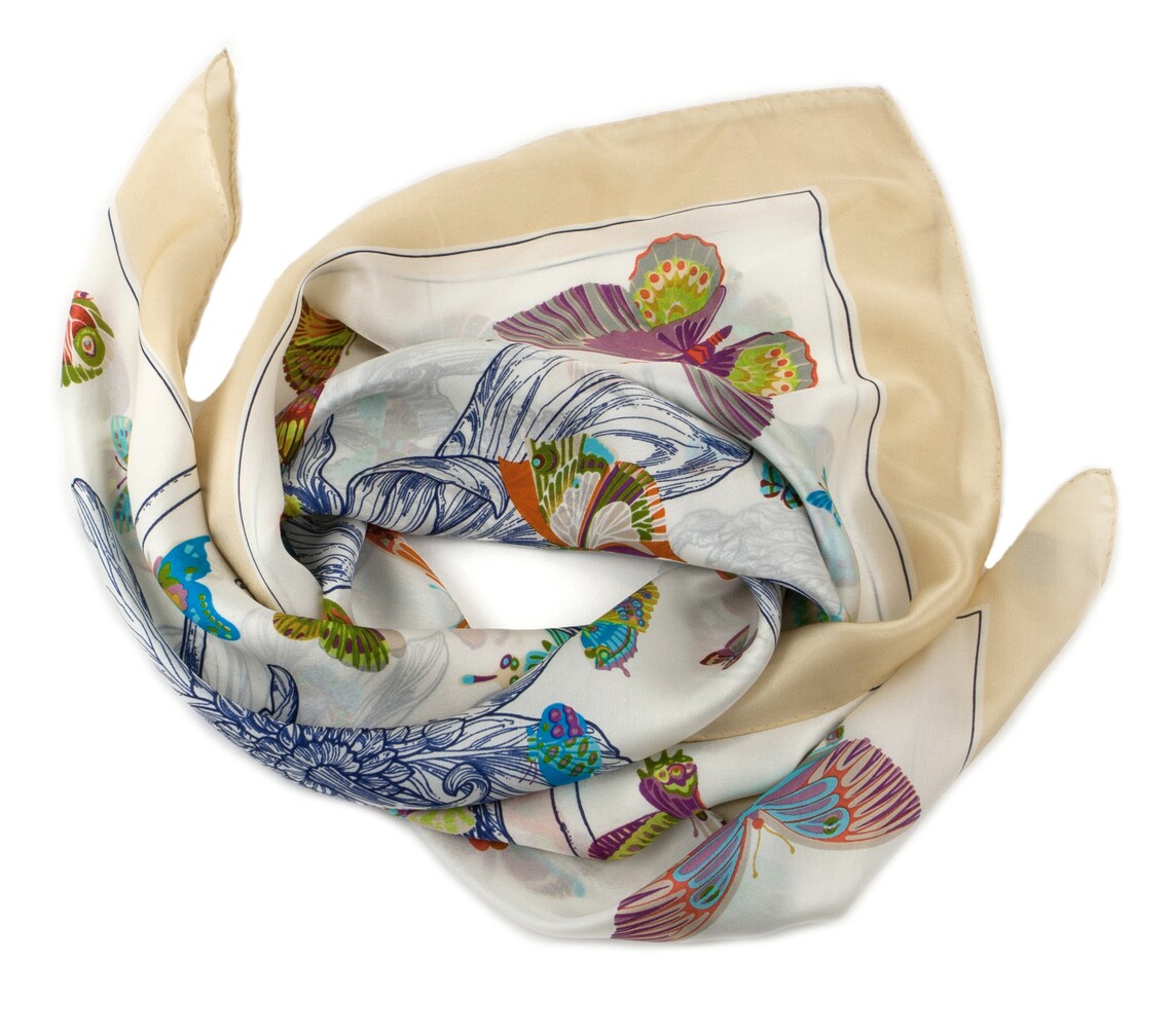 Women White Silk Square Scarf With Butterflies Pattern, Women's Scarf ...