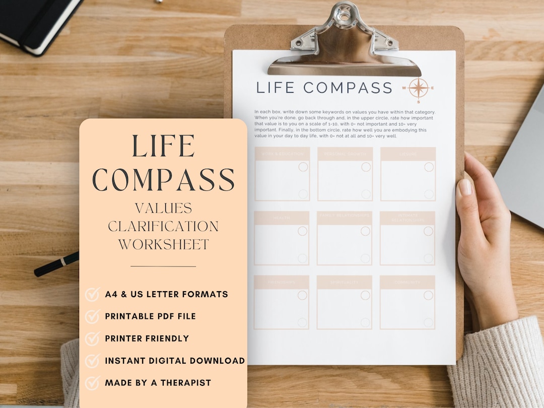 Life Compass Worksheet, Values Clarification Worksheet, Acceptance and ...