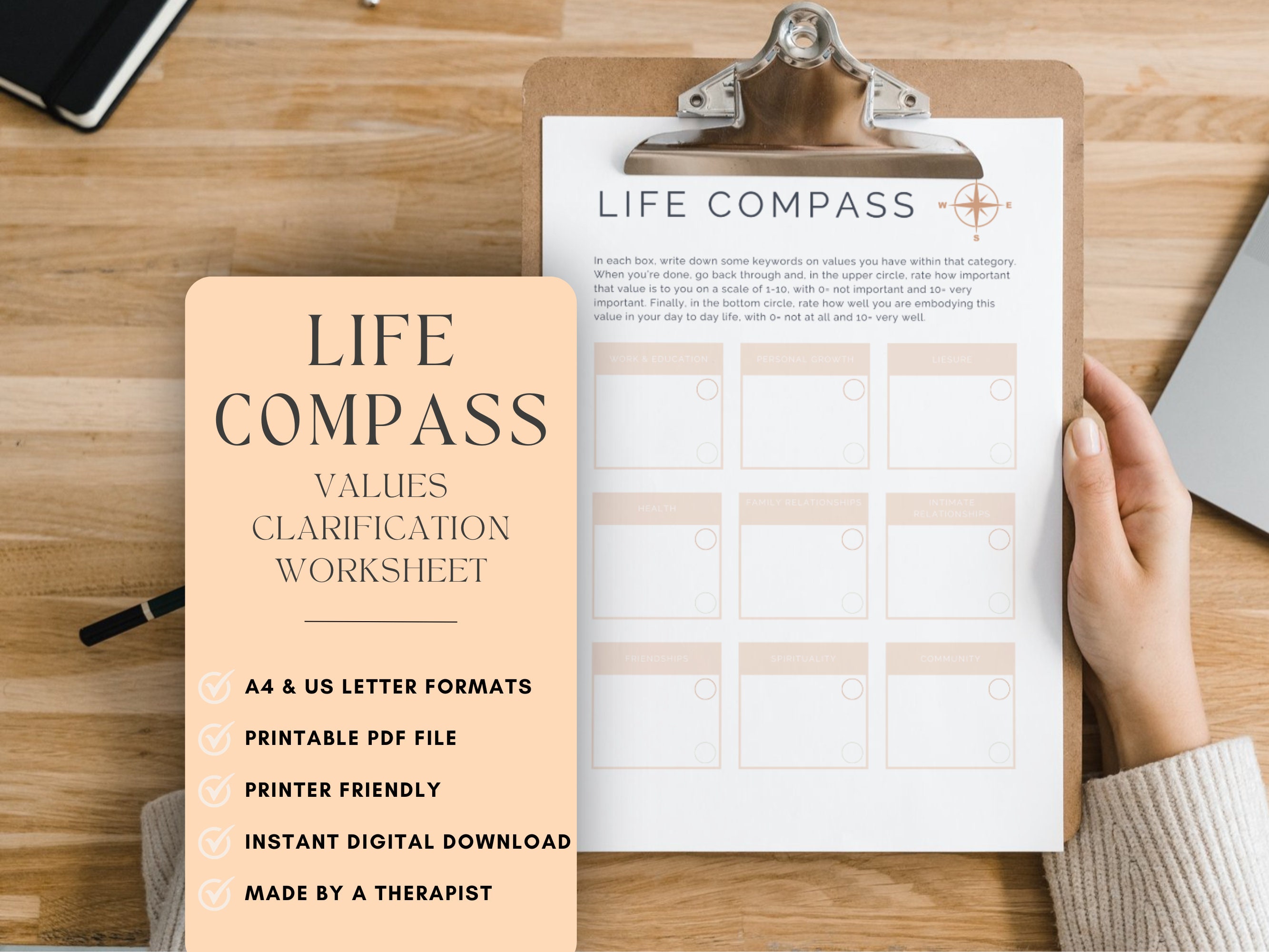 Life Compass Worksheet: Values Clarification, ACT Therapy (PDF) - Etsy