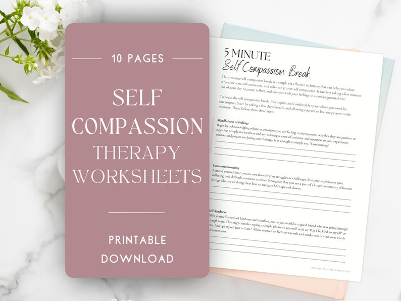 Self Compassion Therapy Worksheets, Anxiety, Burnout, Depression, Self ...