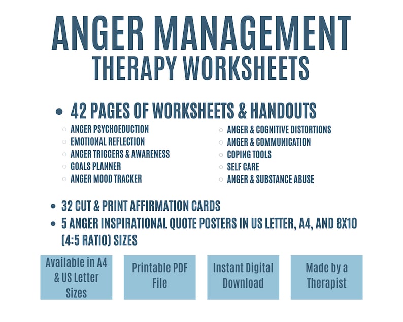 Anger Management Therapy Worksheets for Counselors, Social Workers ...
