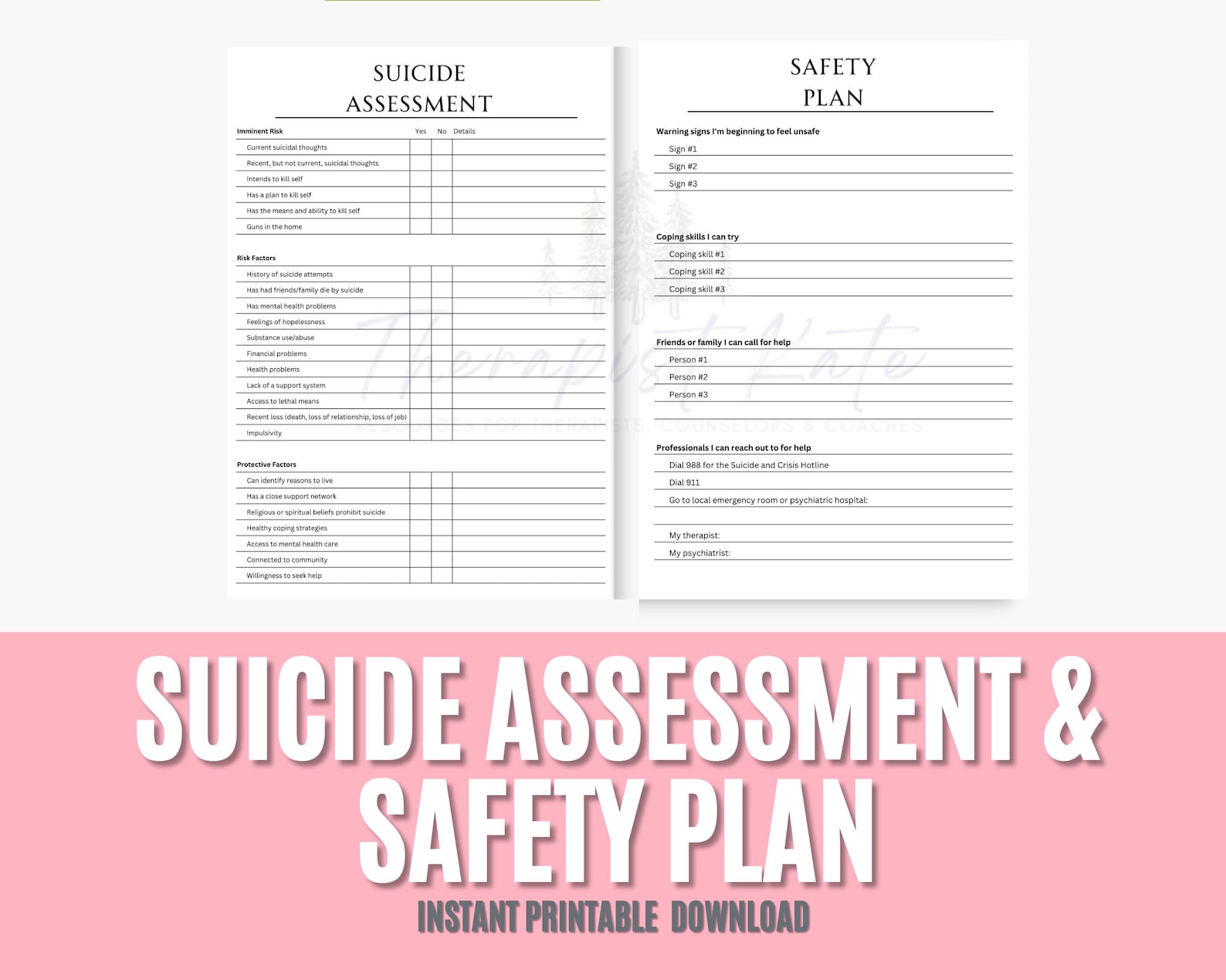 Suicide Assessment, Safety Plan, Therapy Forms, Assessments, Treatment ...