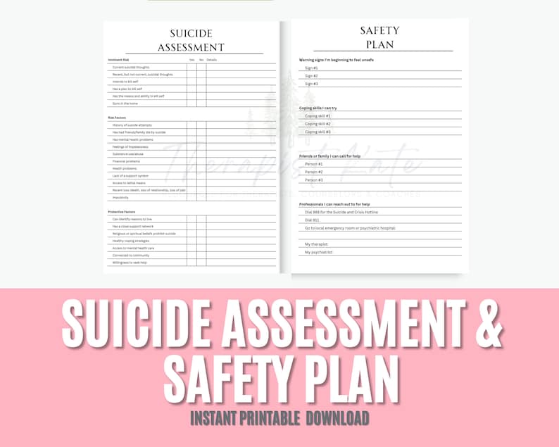 Suicide Assessment, Safety Plan, Therapy Forms, Assessments, Treatment ...