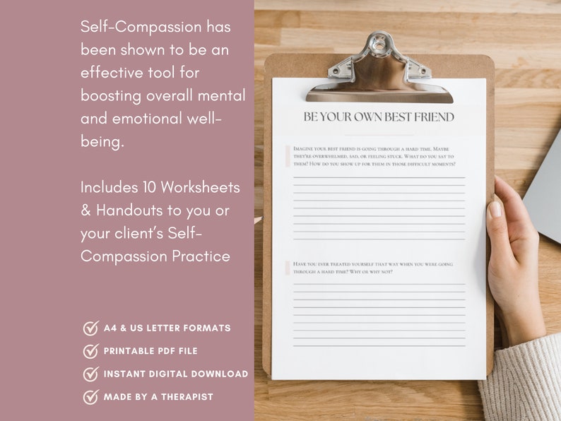 Self Compassion Therapy Worksheets, Anxiety, Burnout, Depression, Self ...
