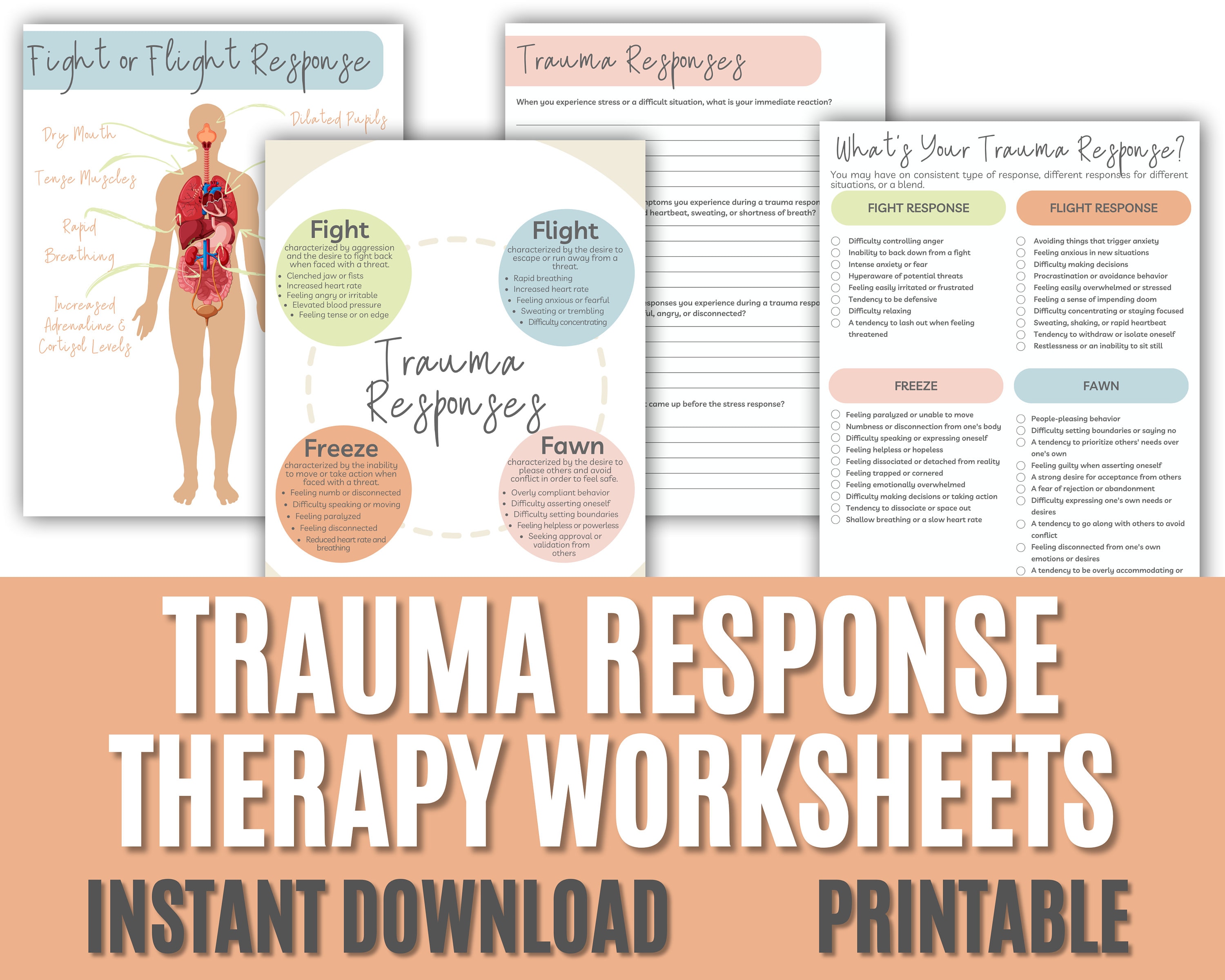 Trauma Responses Therapy Worksheets for Counselors, Social Workers ...