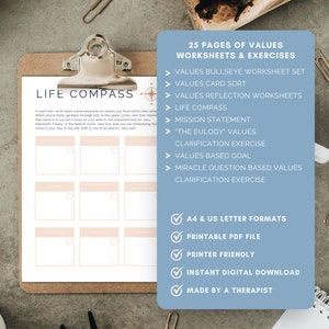 Values Worksheets, ACT Worksheets, Acceptance and Commitment Therapy ...