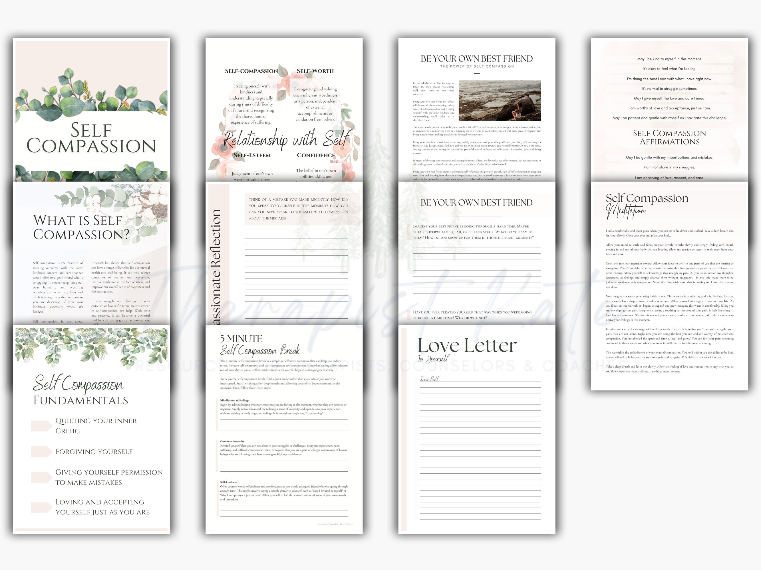 Self Compassion Therapy Worksheets. Anxiety, Burnout, Depression, Self ...