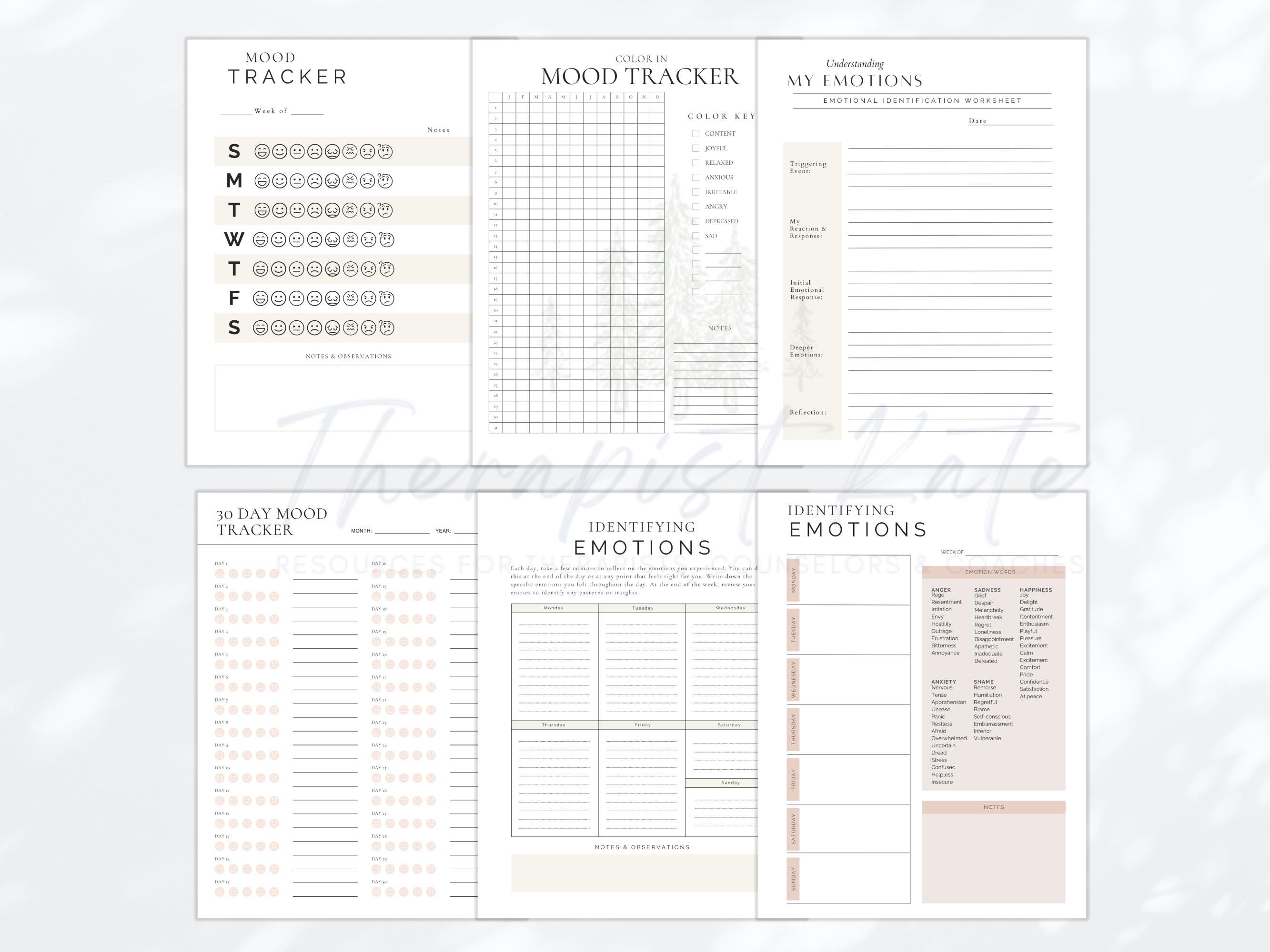 Mood Trackers & Emotional Identification Worksheets, Therapy Worksheets ...