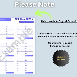 Let's Play Trivia Answer Fill Sheet With Score Tracker Quiz Game ...