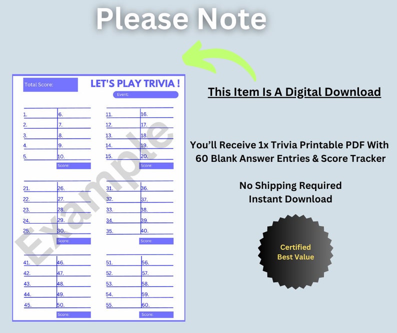 Let's Play Trivia Answer Fill Sheet With Score Tracker Quiz Game ...