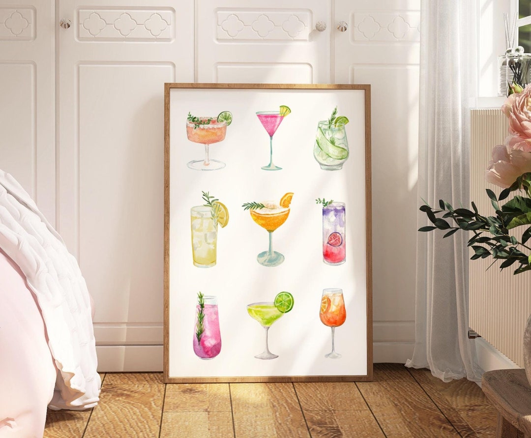 Alcohol Prints, Retro Cocktail Poster, Bar Cart Print, Happy Hour Wall ...