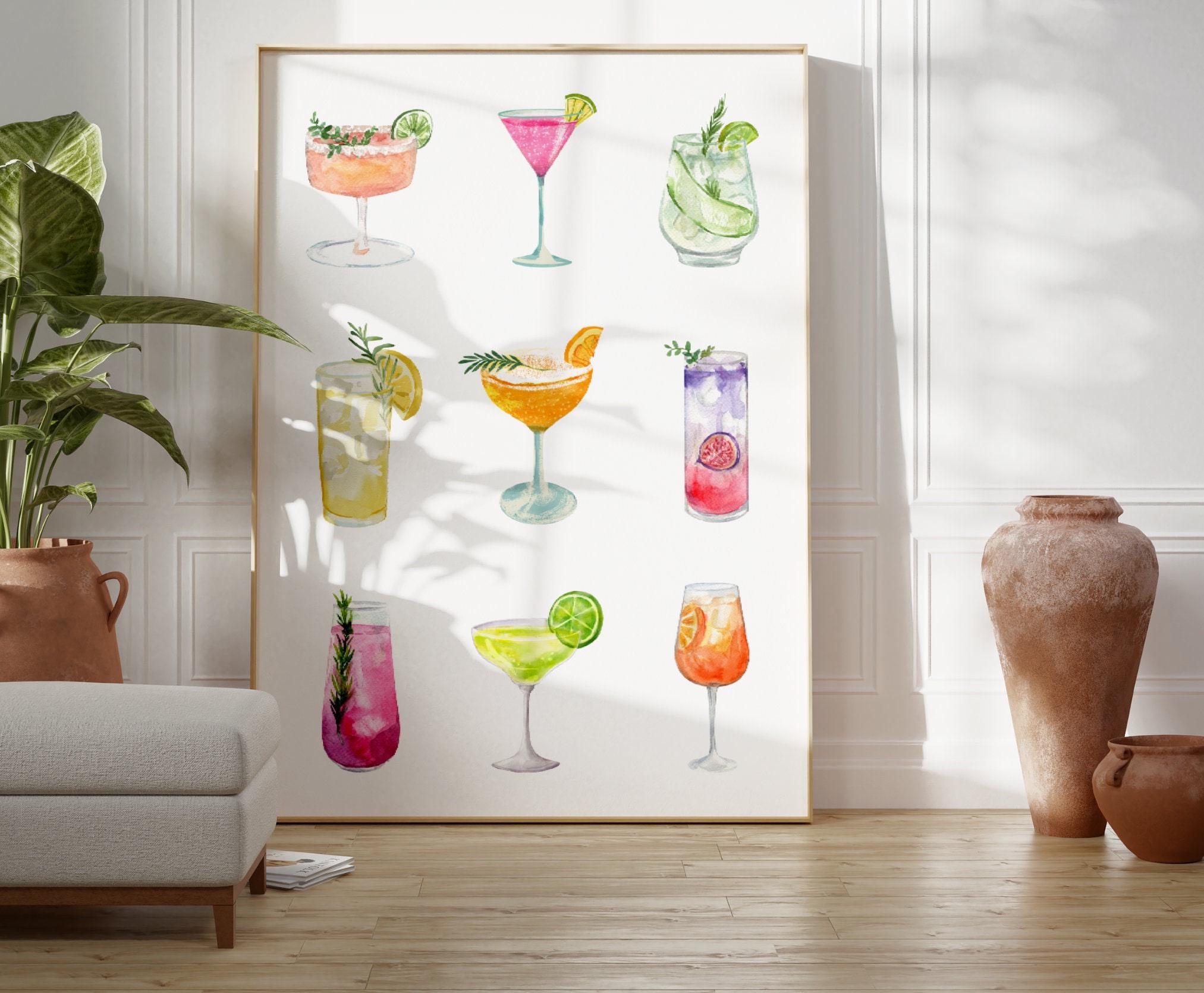Alcohol Prints, Retro Cocktail Poster, Bar Cart Print, Happy Hour Wall ...