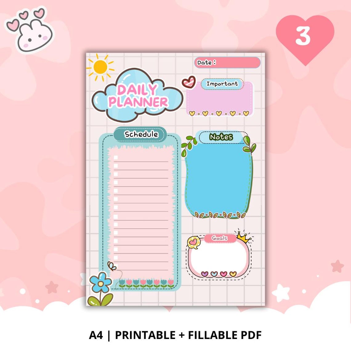 Cute Daily Planner | A4 Printable and Fillable PDF With 3 Adorable ...