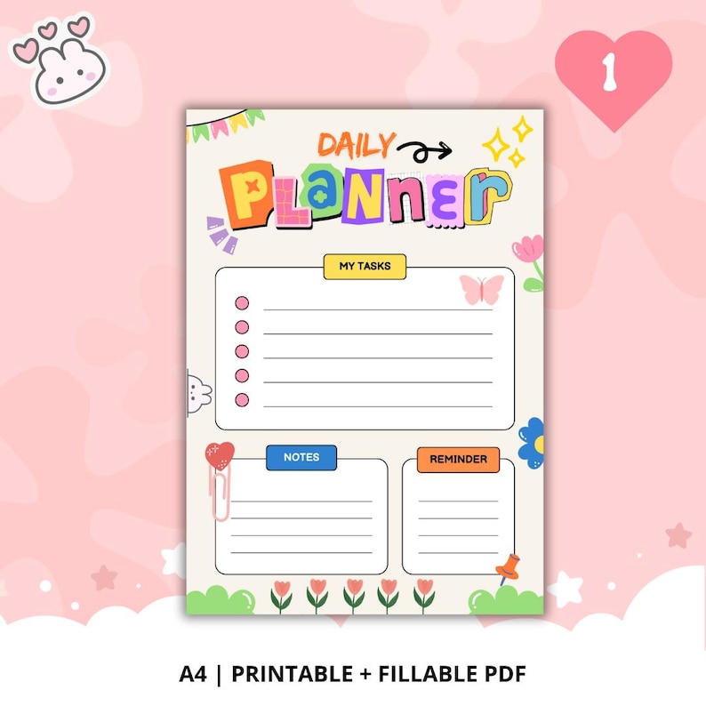 Cute Daily Planner | A4 Printable and Fillable PDF With 3 Adorable ...