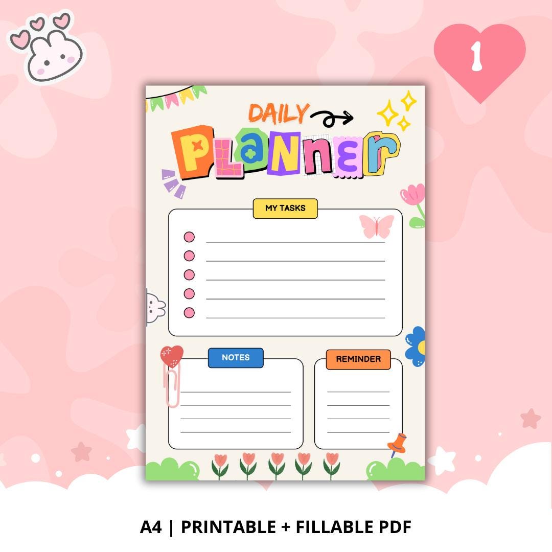 Cute Daily Planner | A4 Printable and Fillable PDF With 3 Adorable ...